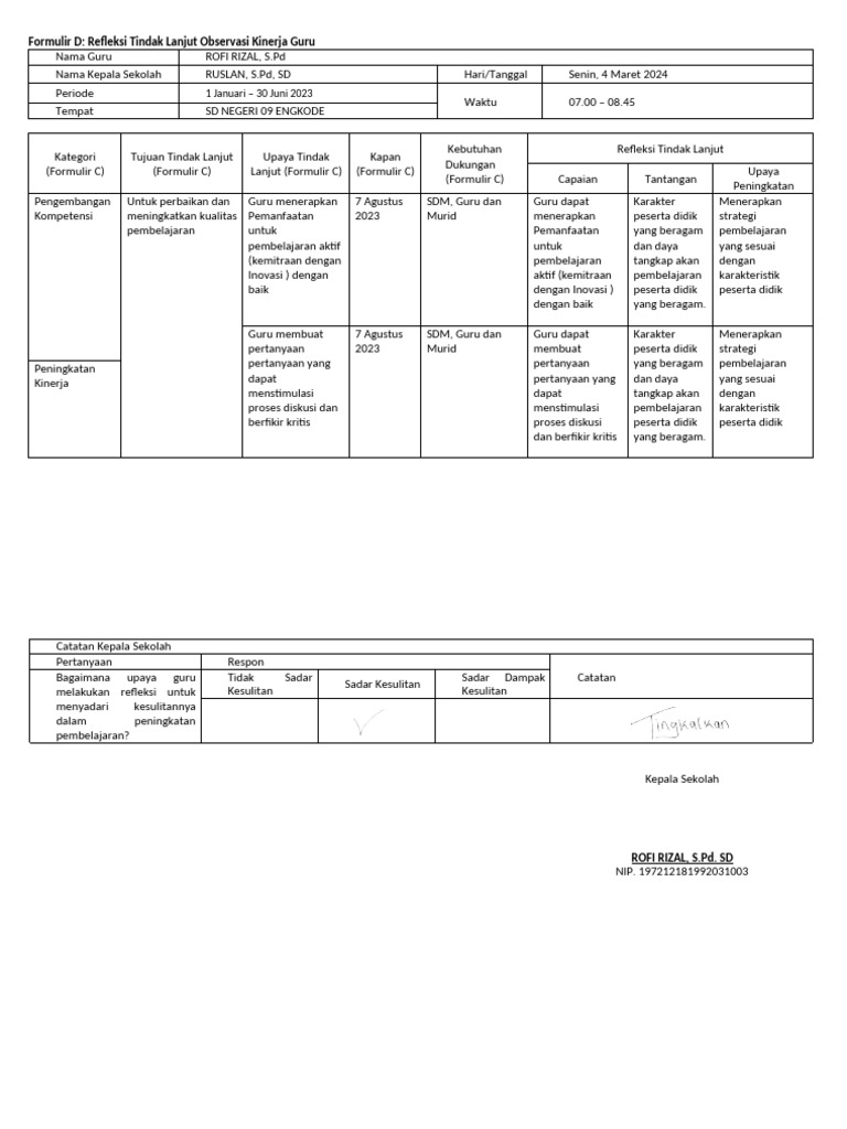 Form D Lembar Observasi Guru - Opie Rvsi | PDF