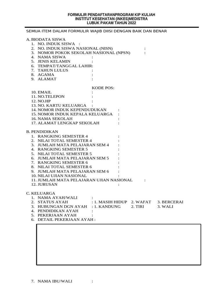 Formulir Pendaftaran Kip Kuliah | PDF