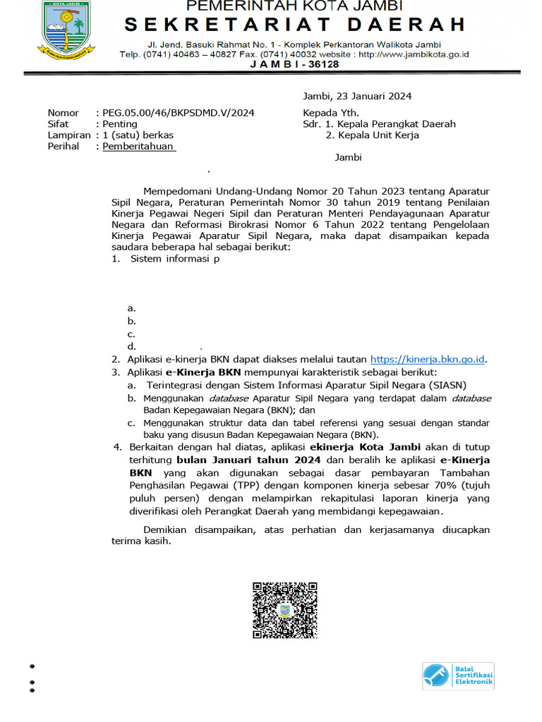 Pemberitahuan Penggunaan Aplikasi E-Kinerja BKN | PDF