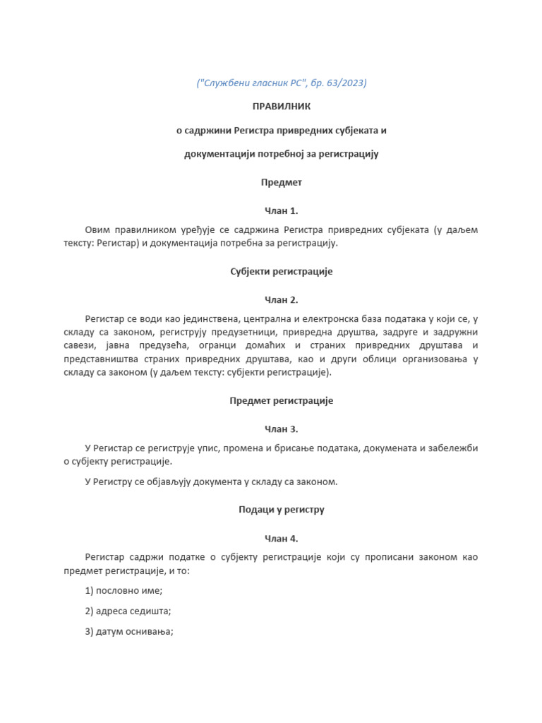 Pravilnik o Sadr Ini Registra Privrednih Subjekata | PDF