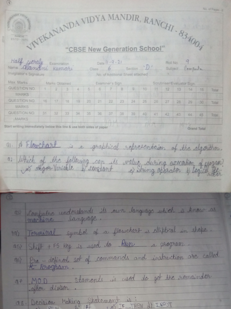 Computer Eaxm Name Chandni Kumari Class 6D Roll No 9 Am No 353 | PDF