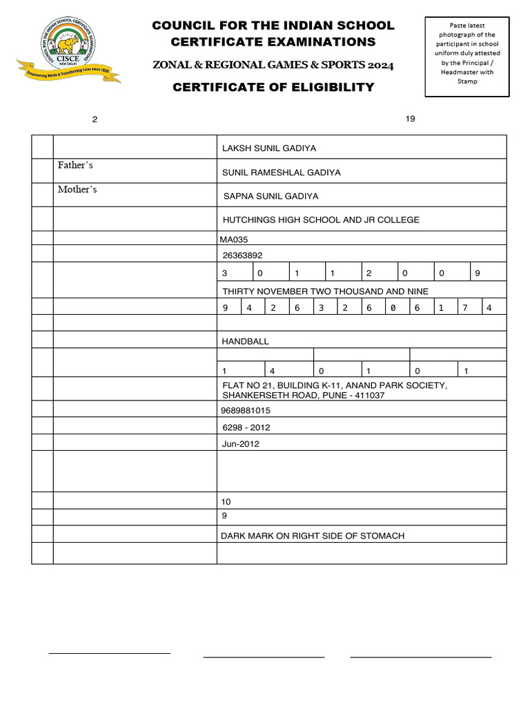Cisce Eligibility Form 2024-2025-2 | PDF