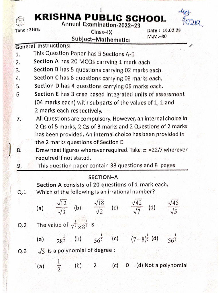 Kps Dunda Class 9 Maths Q Paper (Finals) 2023 | PDF