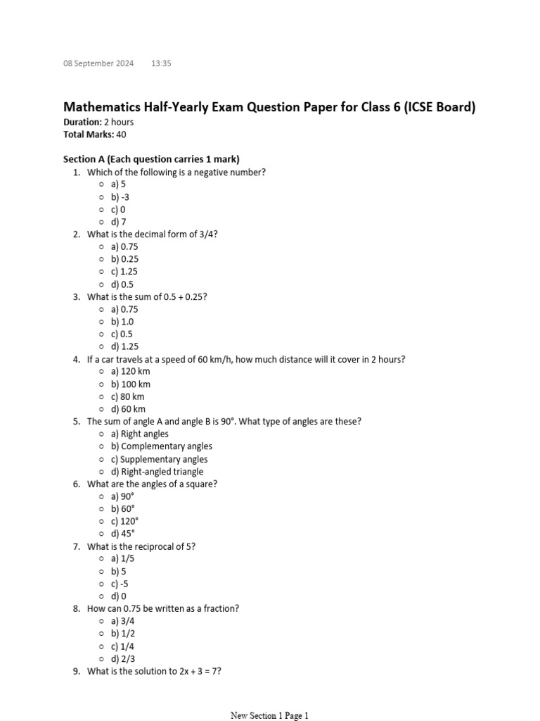 ICSE CLASS 6TH HALF YEARLY EXAM | PDF