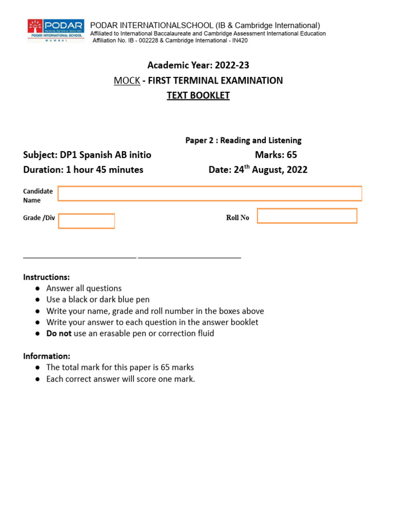 DP1 Term 1 Paper 2 Mock - Text Booklet | PDF