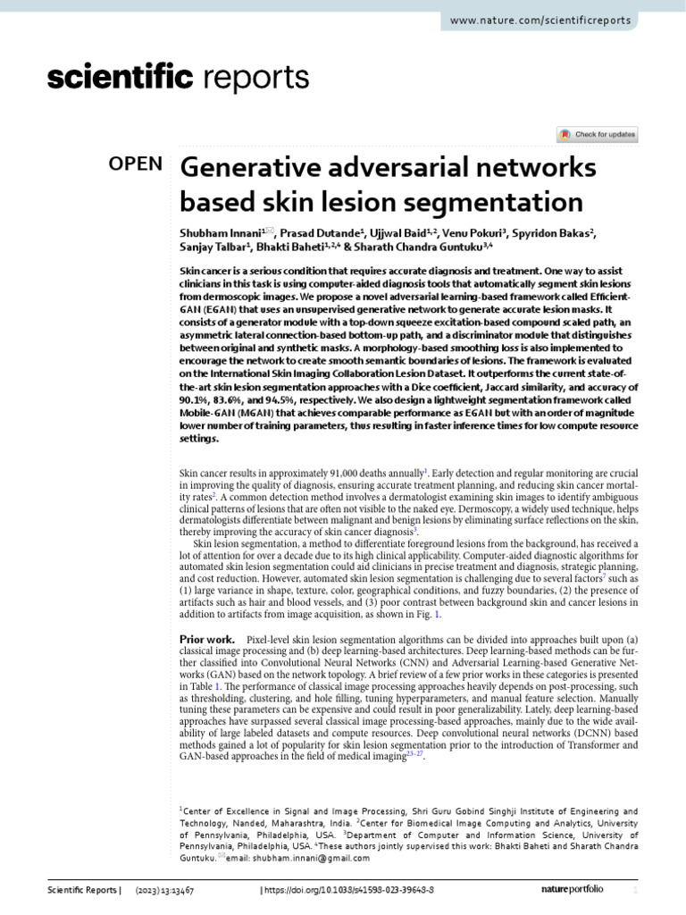 Generative Adversarial Networks Based Skin Lesion Segmentation | PDF