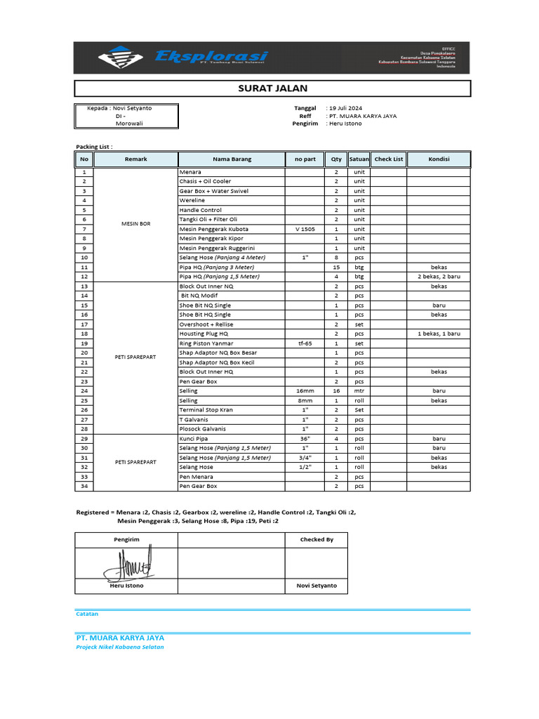 Surat Jalan Eksplorasi Morowali Tanggal 19 Juli 2024 | PDF