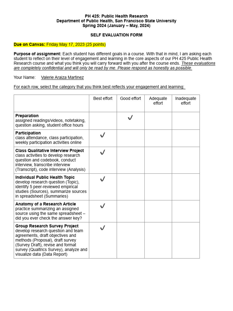 PH 425 Self Evaluation Form 2 | PDF