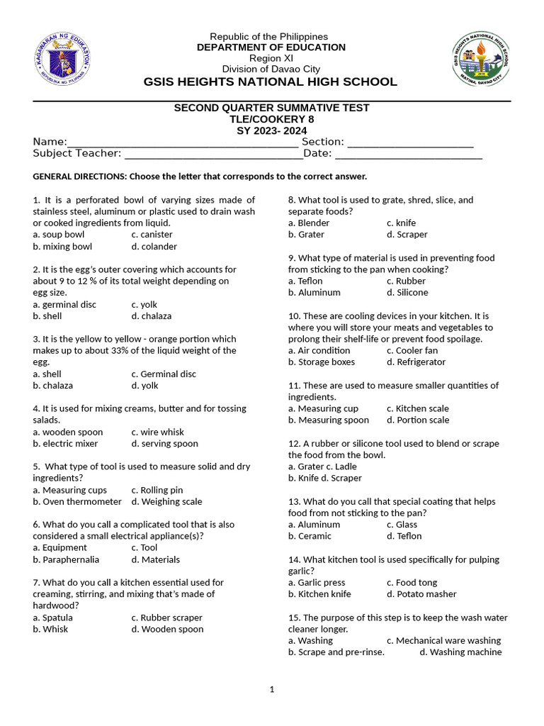 2nd quarter exam cookery 8 2023-2024 | PDF