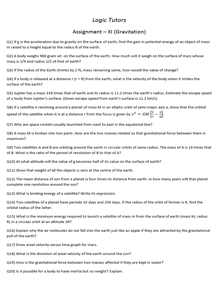 Gravitation Assignment 11 | PDF