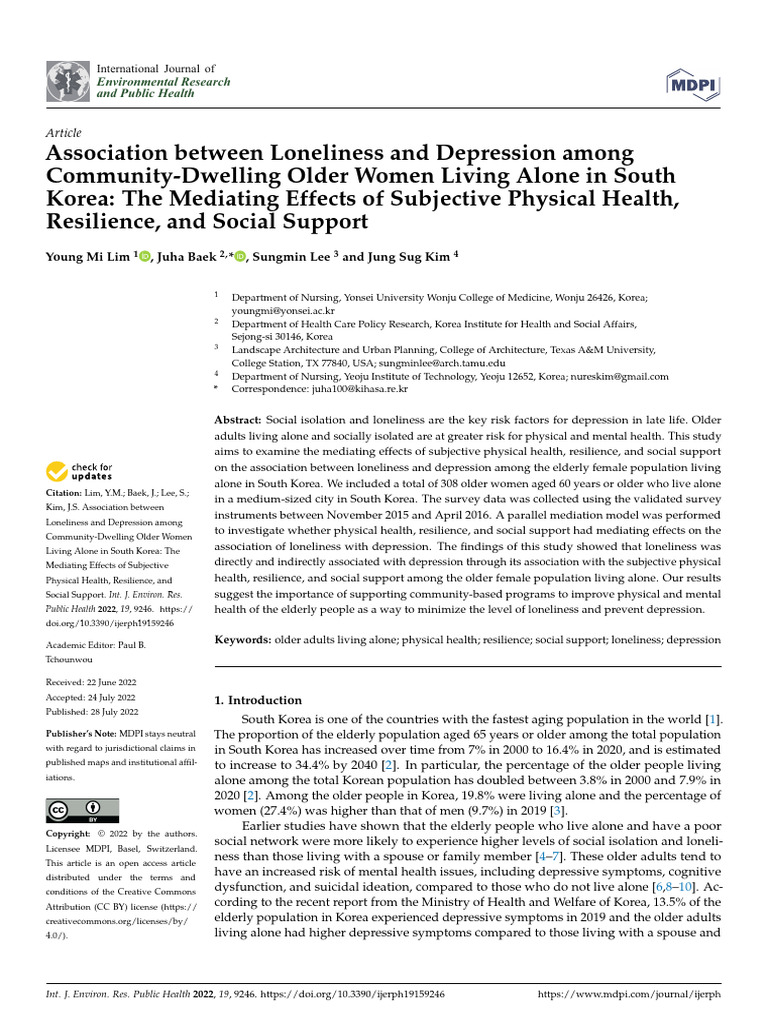Association Between Loneliness and Depression Among Community-Dwelling Older Women Living Alone ...