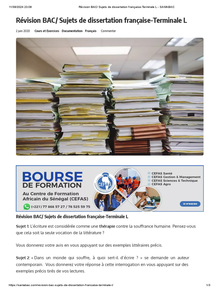 Révision BAC - Sujets de Dissertation Française-Terminale L - SAMABAC | PDF