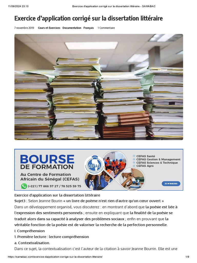 Exercice D'application Corrigé Sur La Dissertation Littéraire - SAMABAC | PDF