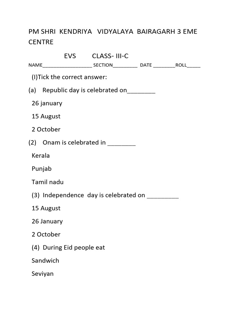 Evs Class - 3 REVISION | PDF