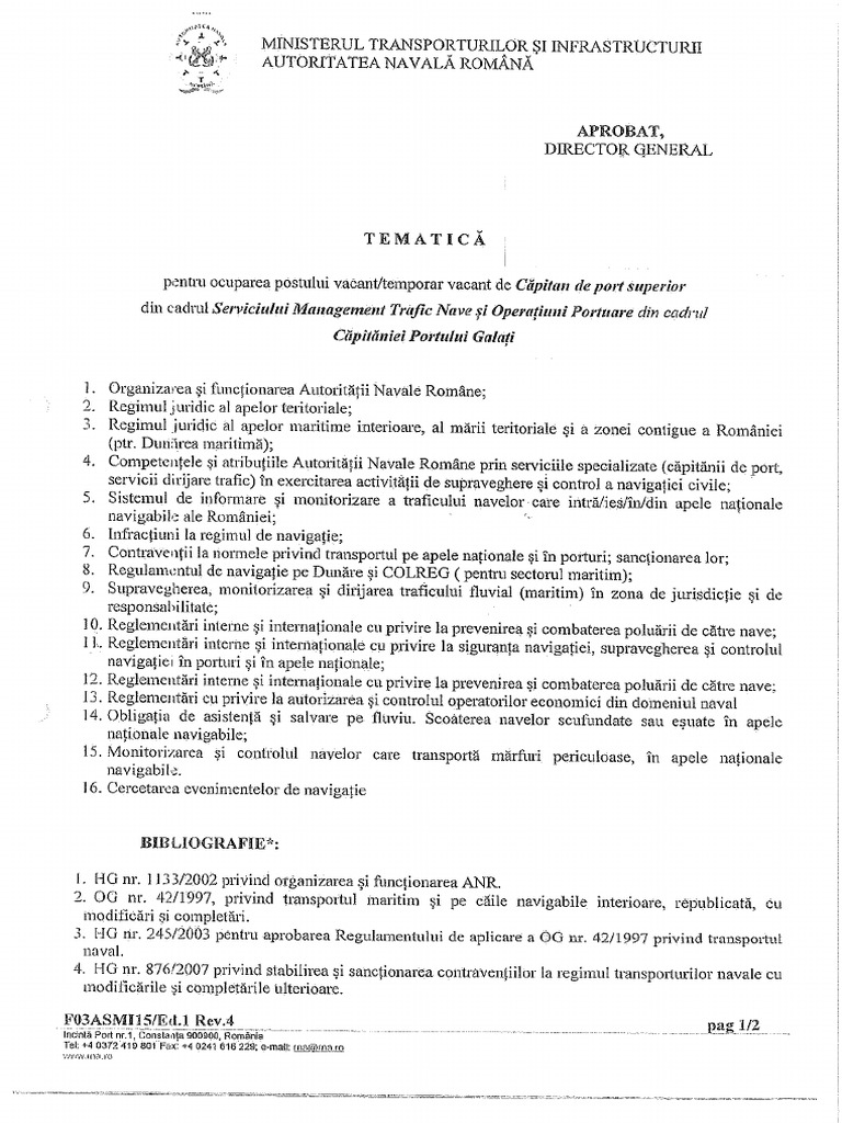 Tematica - Capitan de Port Superior - Serv. MTN Si OP - CZ Galati-Concurs 16.07.2024 | PDF