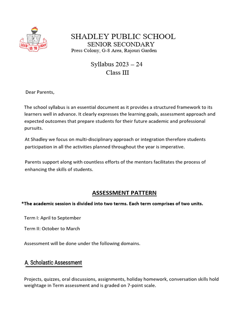 Shadley Public School: Senior Secondary Syllabus 2023 24 Class III | PDF