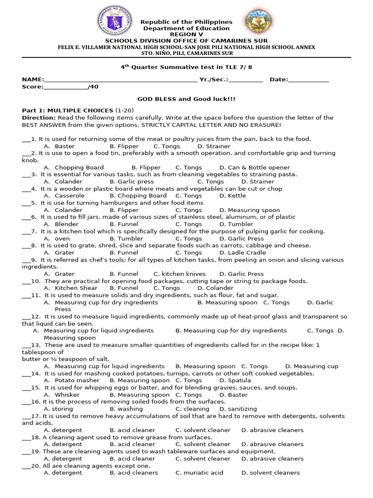 4th Quarter Exam TLE | PDF