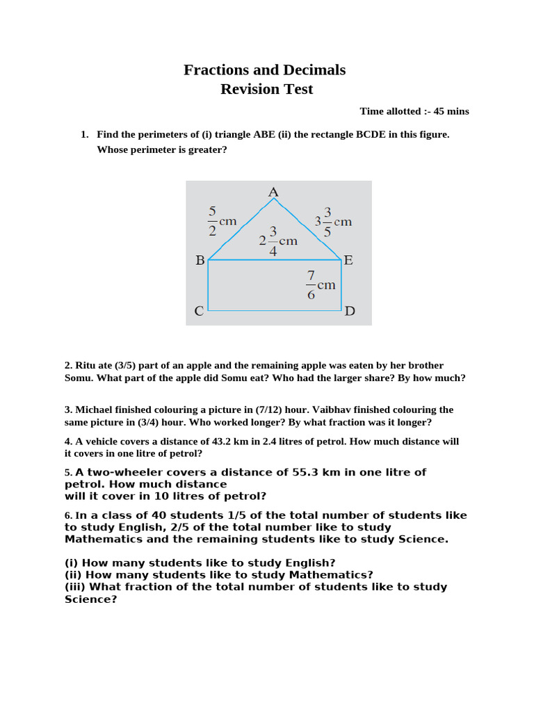 Fractions and Decimals Revision Test | PDF