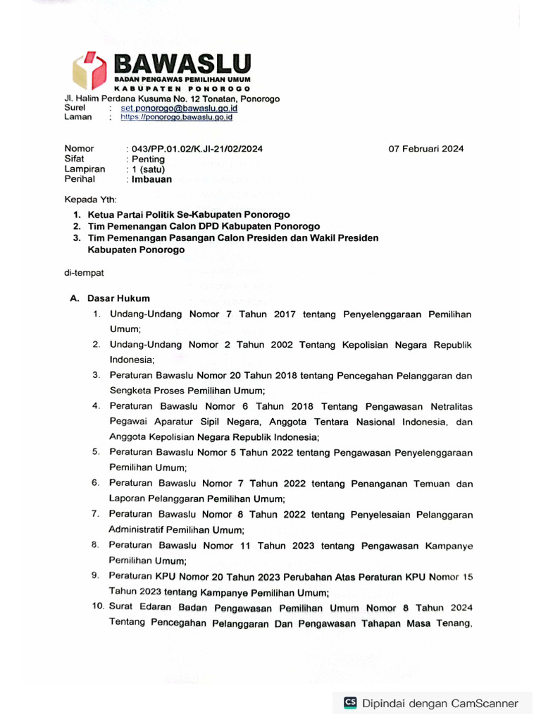 043-Imbauan Masa Tenang Parpol. DPD. PPWP. 07.02.2024 | PDF