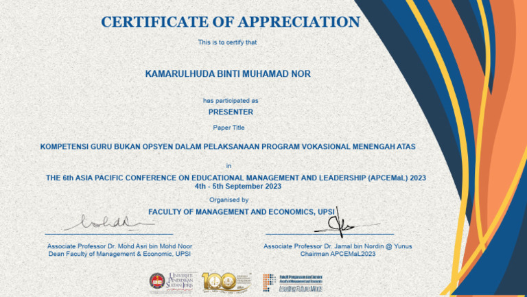 Sijil Pembentang Apcemal | PDF