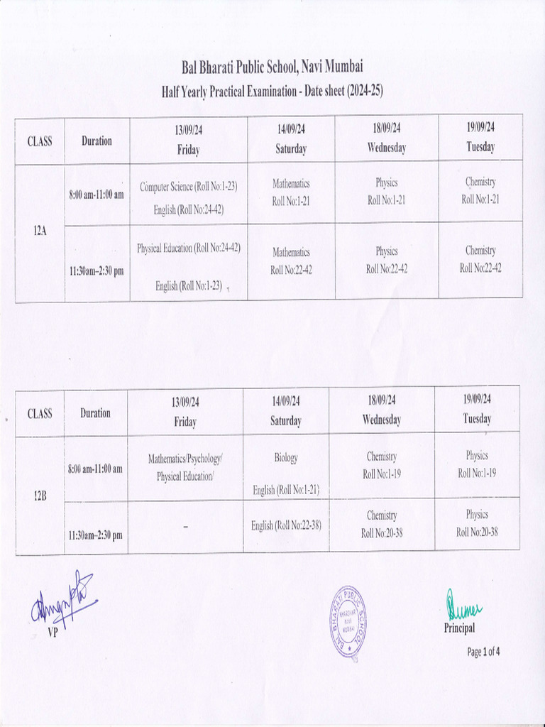 Half Yearly Practical Examination Date Sheet 2024 25 | PDF