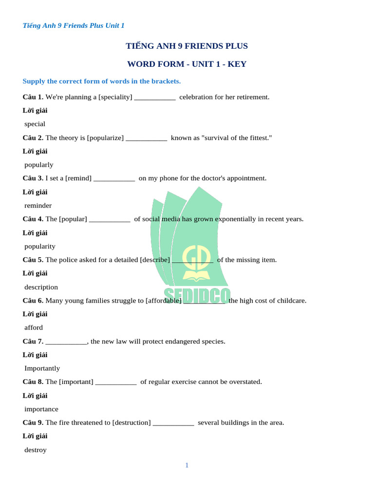 Tiếng Anh 9 Friends Plus - Unit 1 - Word Form KEY | PDF