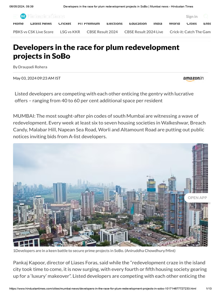 Developers in The Race For Plum Redevelopment Projects in South Bombay | PDF
