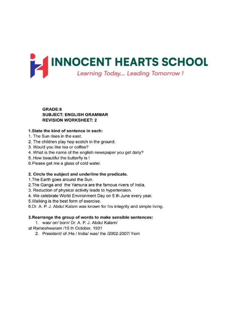 Grade - 6 English Worksheet-2 | PDF