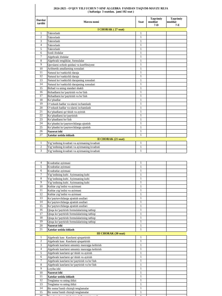 7-Sinf Algebra Yillik 2024-2025 @e - Baza - Ishreja | PDF
