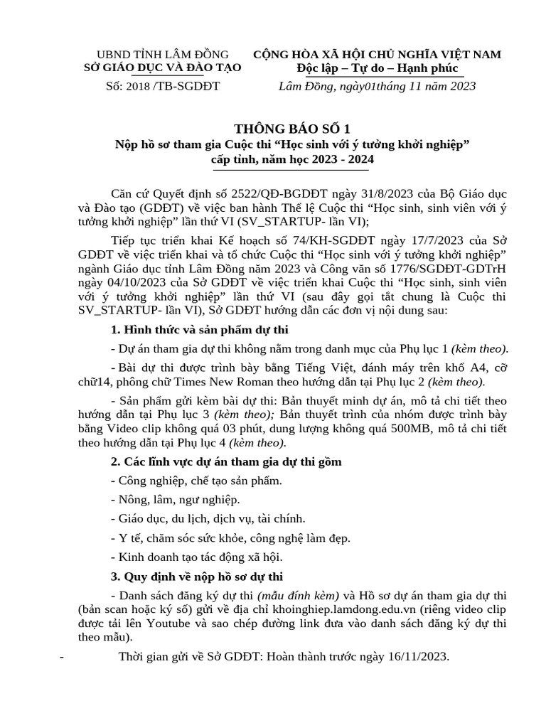 Thong Bao Nop HS y Tuong Khoi Nghiep 2023 | PDF