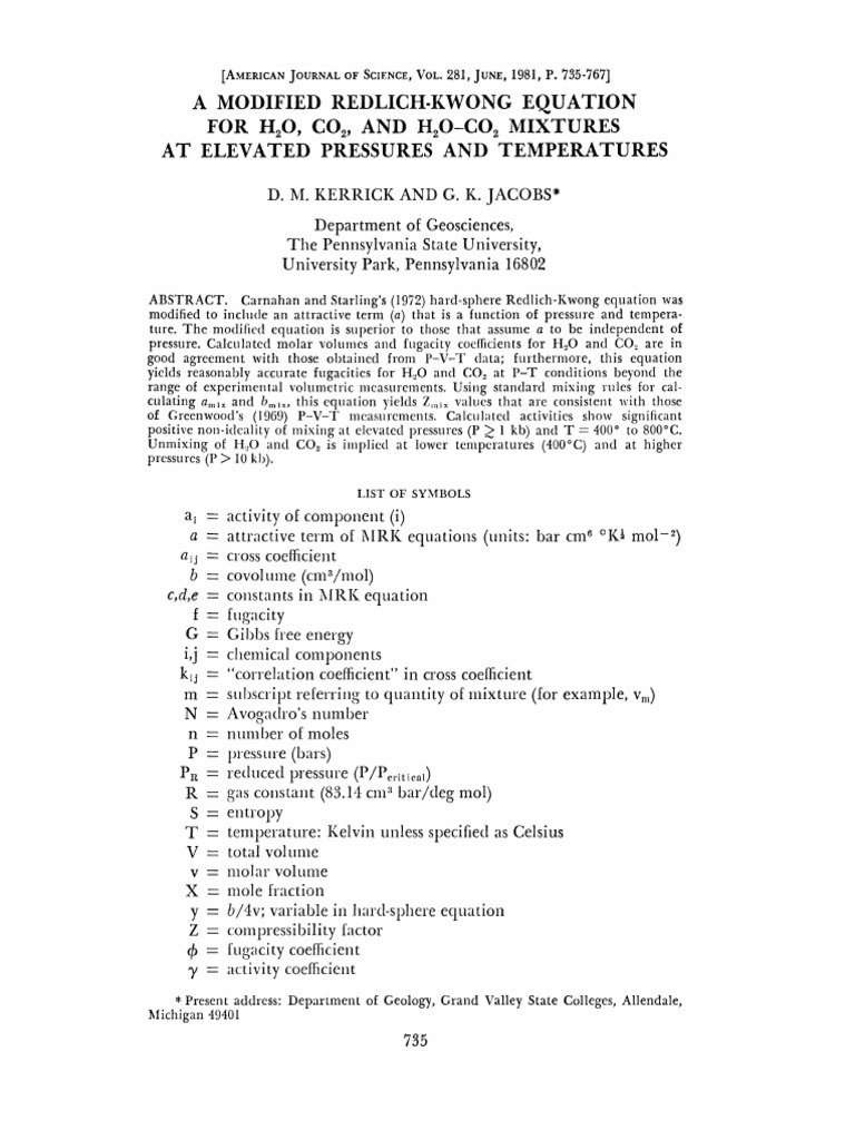 A Modified Redlich Kwong Equation For H 2 o Co 2 and H 2 o Co 2 ...