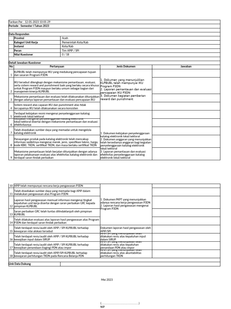 Kuesioner Aplikasi p3dn - Apip | PDF