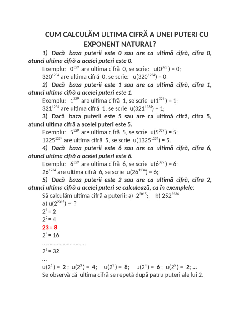 Cum Calculăm Ultima Cifră A Unei Puteri Cu Exponent Natural | PDF
