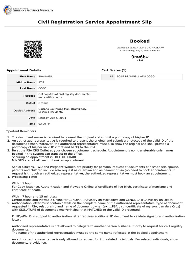 Civil Registration Service Appointment Slip: 9nw6bw | PDF