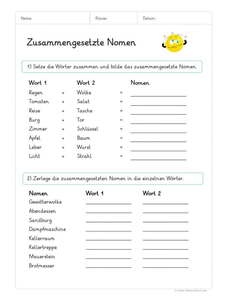 Arbeitsblatt Zusammengesetzte Nomen Bilden Zerlegen | PDF