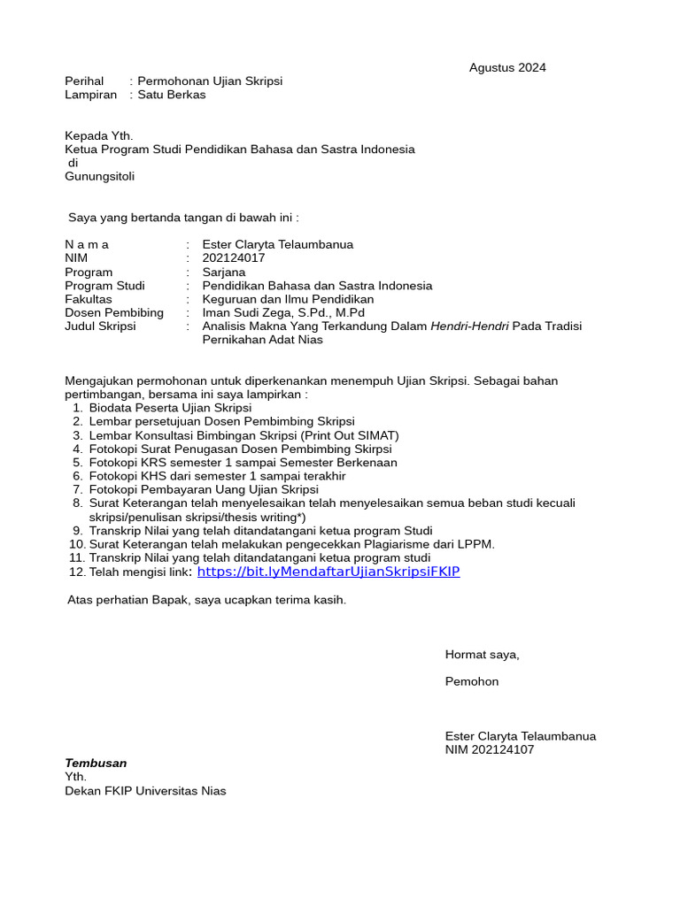 Contoh Surat Permohonan Ujian Skripsi | PDF