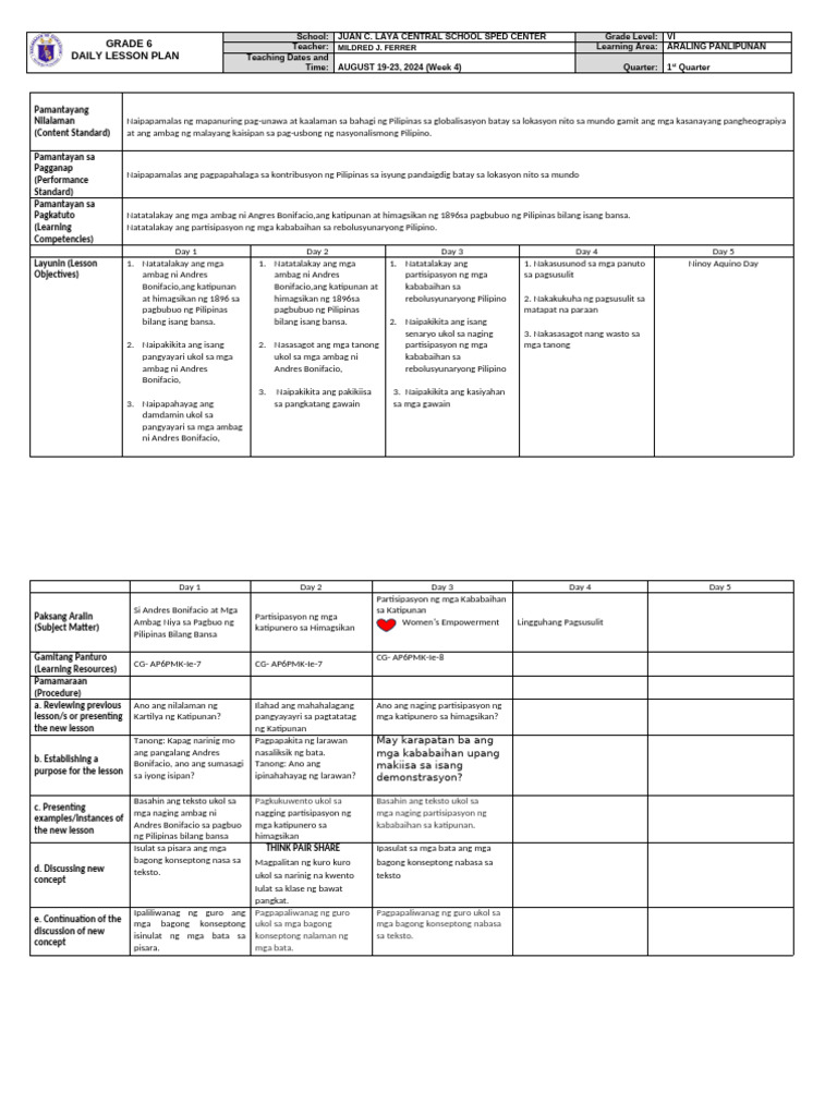 Grade 6 Araling Panlipunan Lesson Plan | PDF | Teachers ...