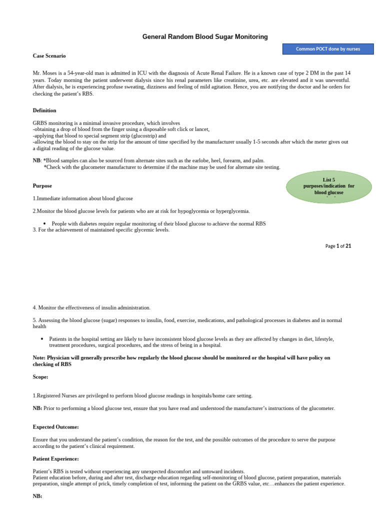 Checking Random Blood Sugar-POCT | PDF