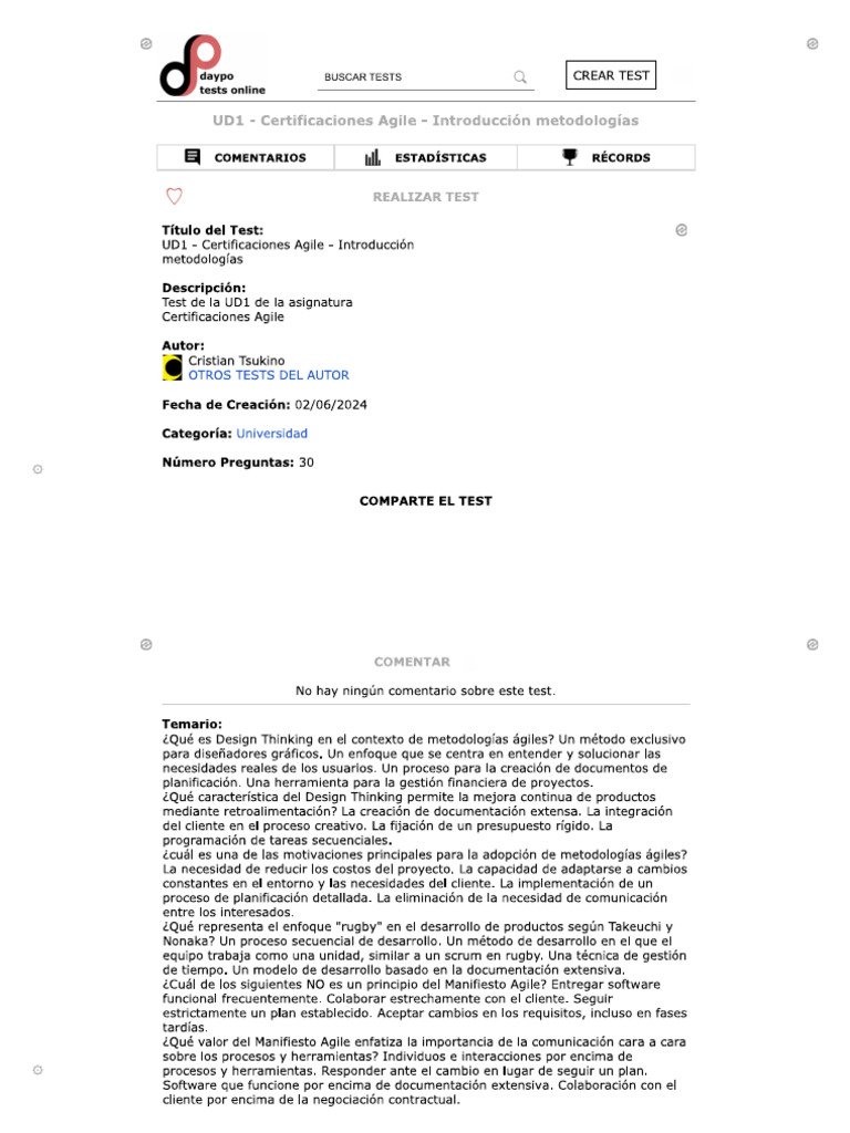 Quiz UD1 Certificaciones Agile - Introducción Metodologías | PDF