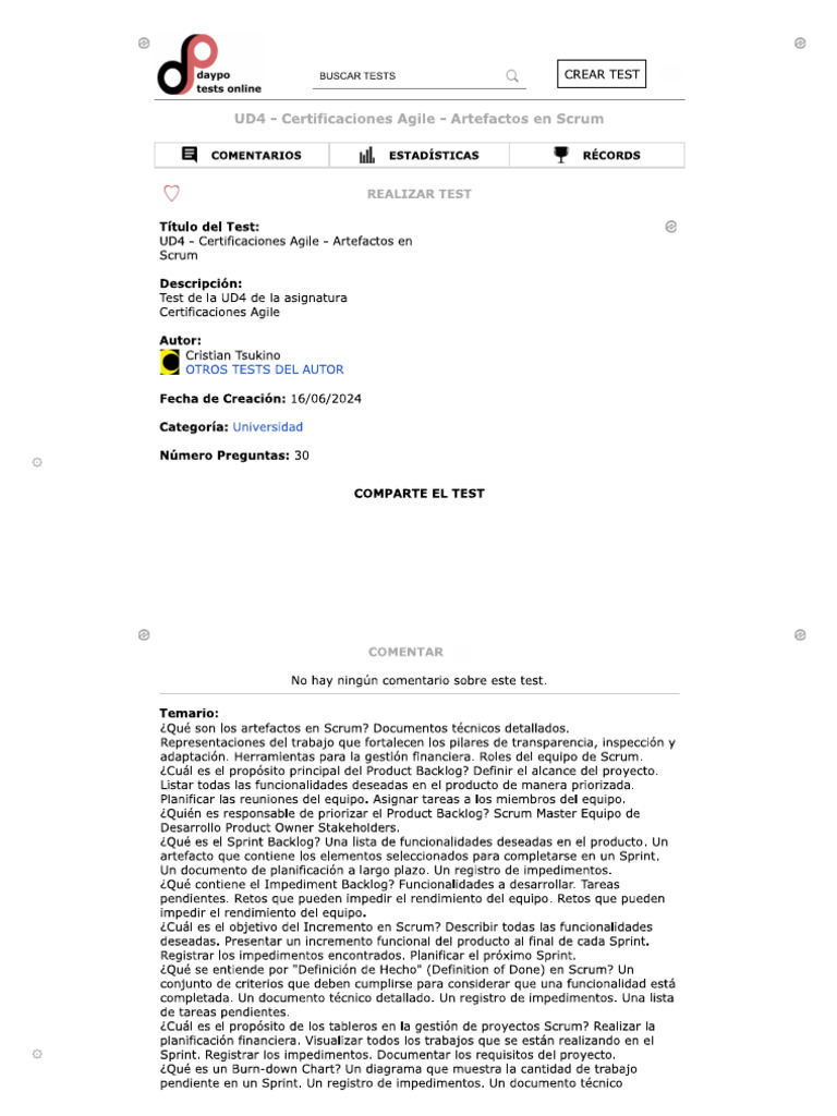 Quiz UD4 Certificaciones Agile - Artefactos de Scrum | PDF Quiz UD4 Certificaciones Agile - Artefactos de Scrum | PDF
