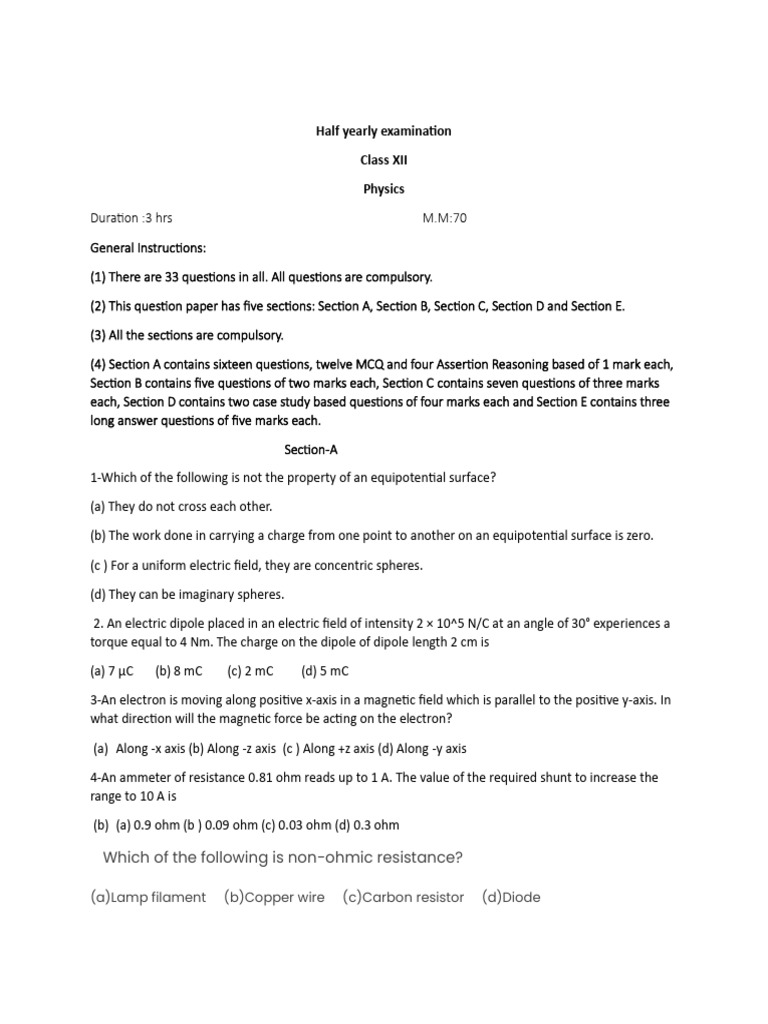 Class 12 Physics Set 1 | PDF