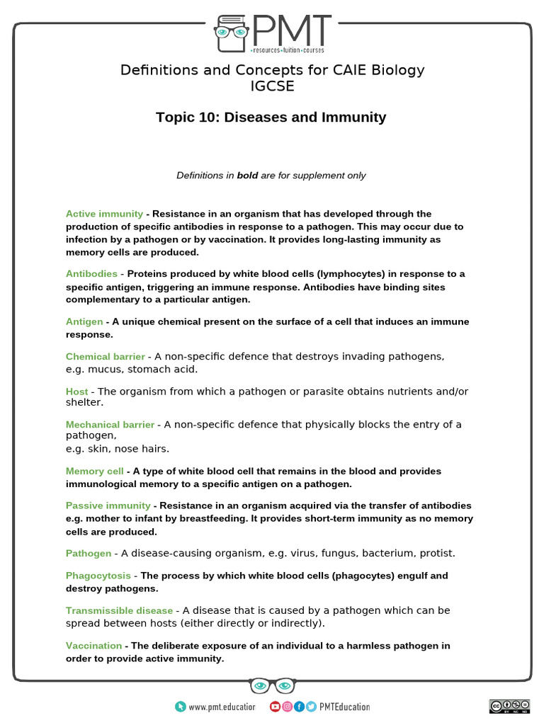 Definitions - Topic 10 Diseases and Immunity - CAIE Biology IGCSE | PDF ...