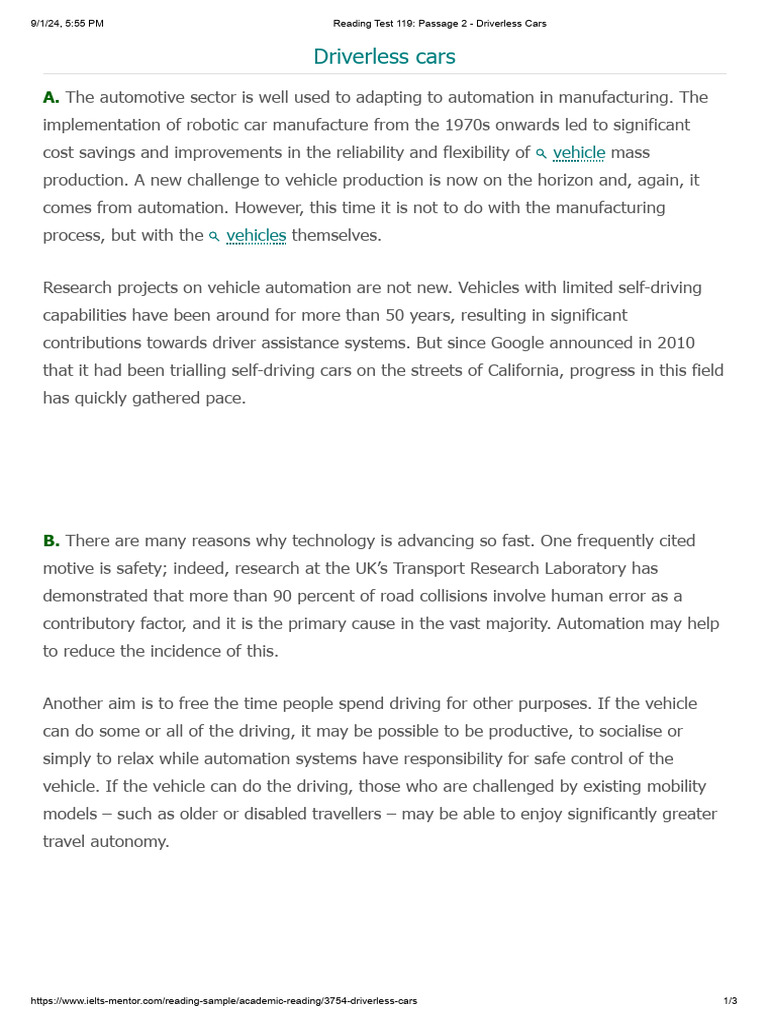 Reading Test 119 - Passage 2 - Driverless Cars | PDF