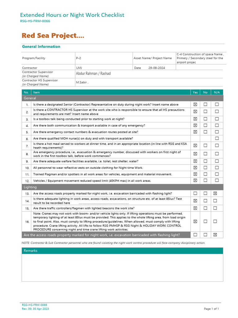 RSG-HS-FRM-0066 Extended or Night Work Checklist | PDF