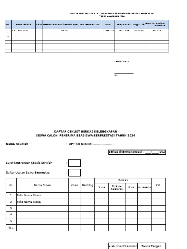 3-Format Usulan Siswa Berprestasi - Ceklist - Kuota Usulan | PDF
