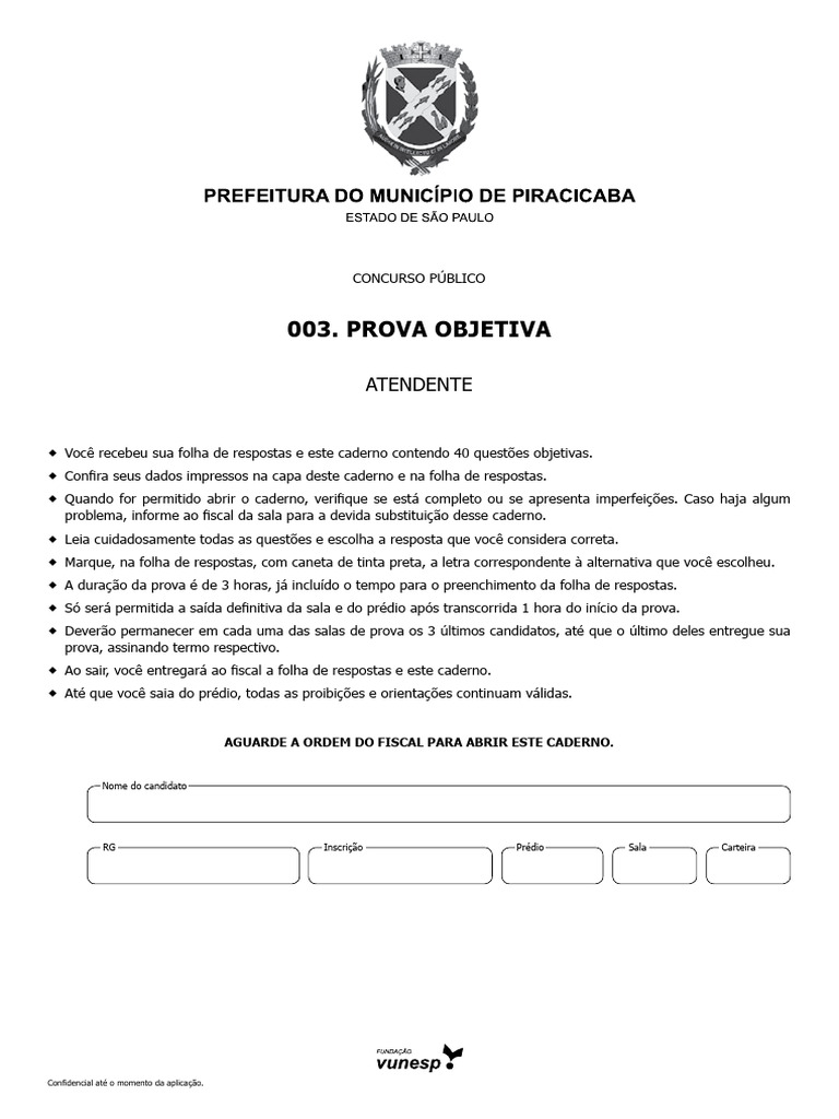 Vunesp 2023 Prefeitura de Piracicaba SP Atendente Prova | PDF