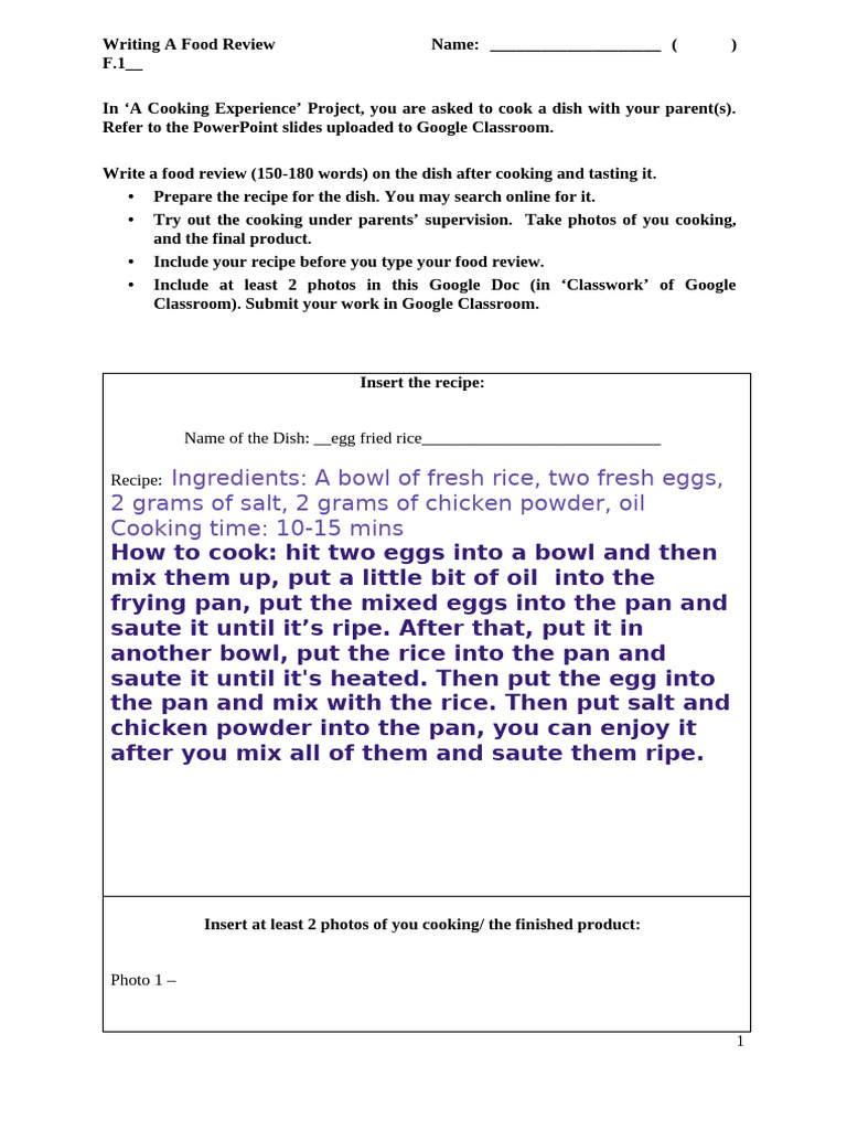 1K07 Cheung Hin Pui Nicolas - Writing Template - Food Review | PDF