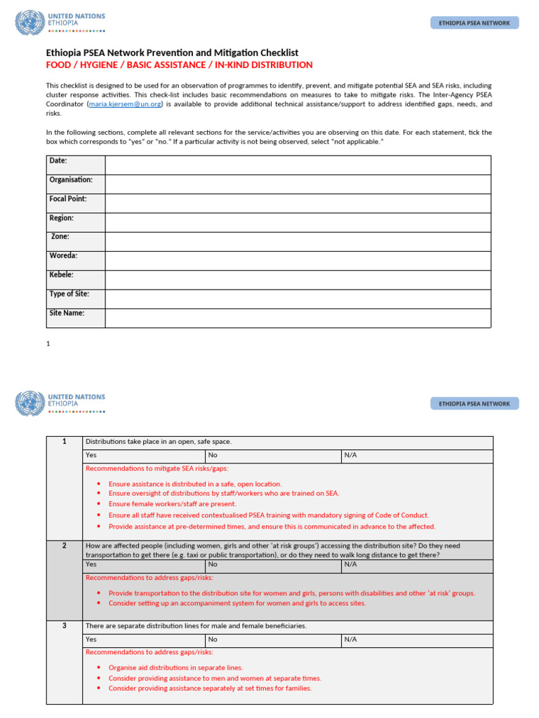 Psea - Food Hygiene Basic Assistance In-Kind Distribution | PDF