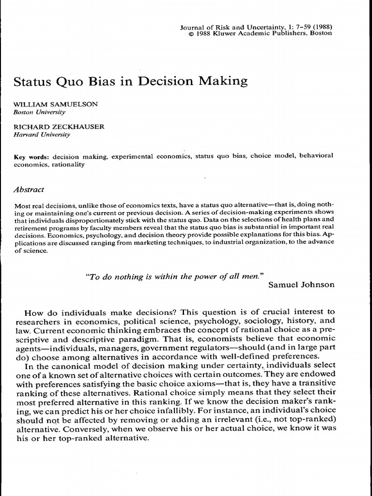 Samuelson, W., & Zeckhauser, R. (1988) | PDF