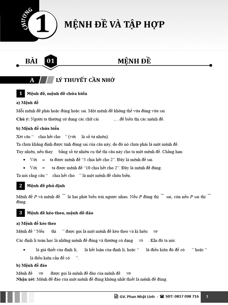 Bài 01 - Dạng 01. Nhận diện, xét tính đúng sai của mệnh đề, mệnh đề chứa biến - GV | PDF